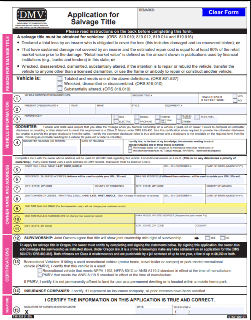 Application for Salvage Title Form 229 - Oregon Vehicle Dealer Association